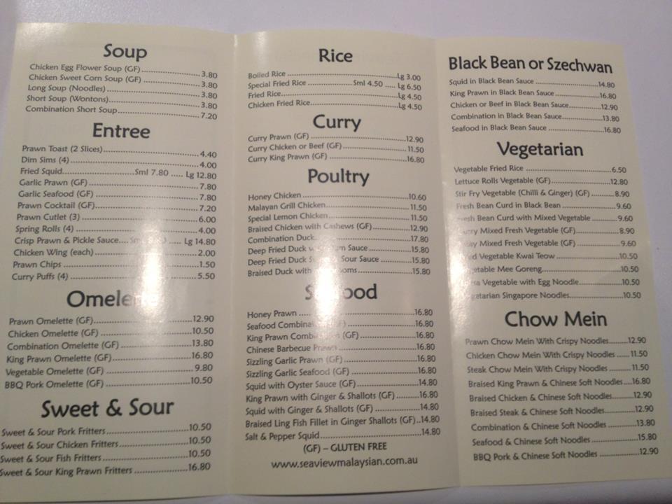 Menu at Seaview Malaysian restaurant, Redhead