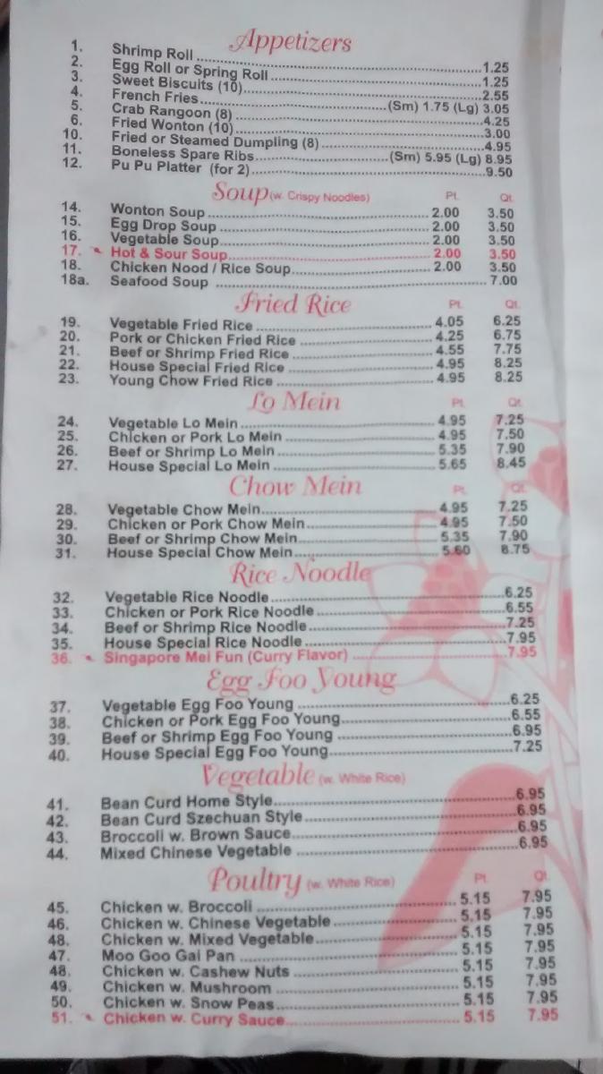 Menu at Top China restaurant, Prosperity