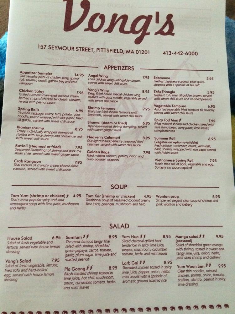 Menu at Vong's Thai Cuisine restaurant, Pittsfield