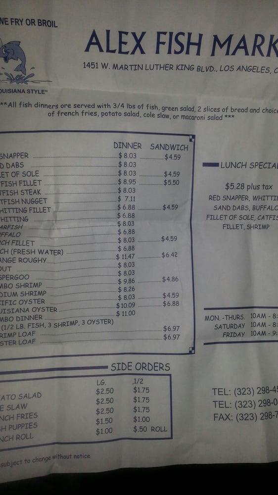 Menu at Alex Fish Market pub & bar, Los Angeles