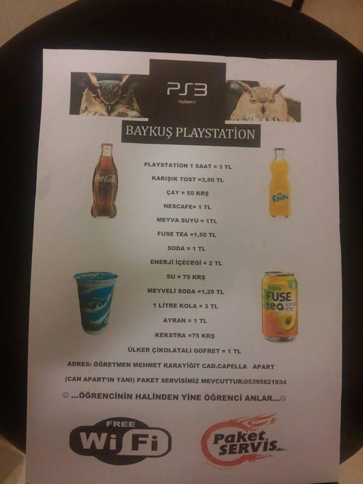 Menu at Baykuş Cafe Playstation, Nicaea