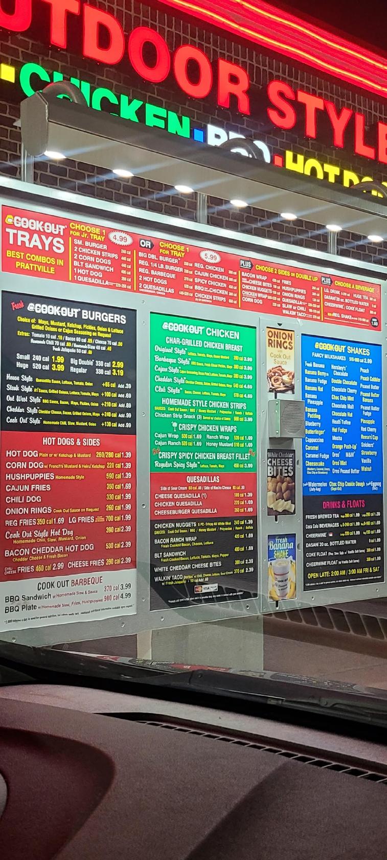 Menu at Cook Out restaurant, Prattville