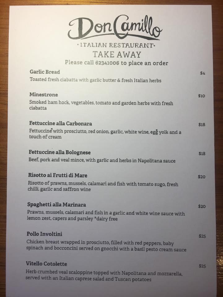 Menu at Don Camillo Restaurant, Sandy Bay