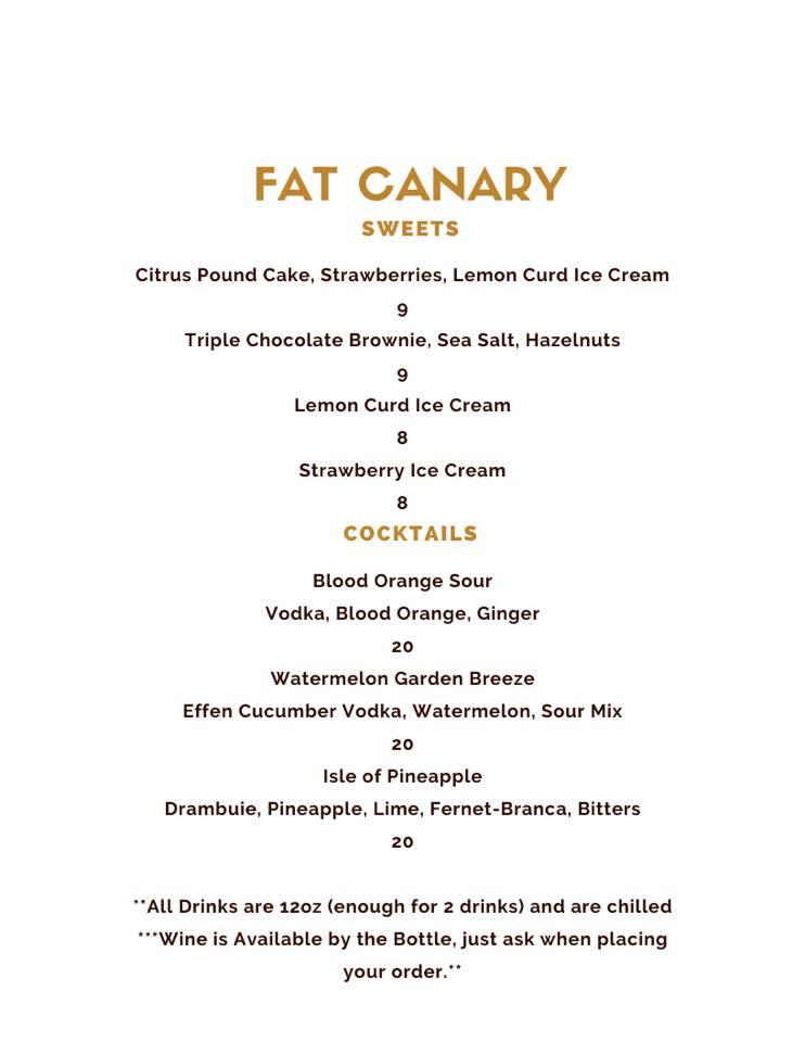 Menu at Fat Canary pub & bar, Williamsburg
