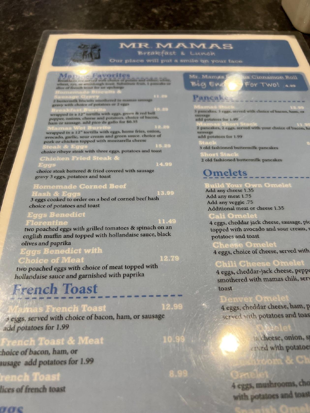 Menu at Mr. Mamas Breakfast And Lunch restaurant, Las Vegas