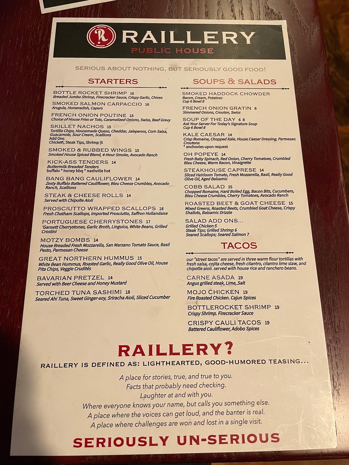 Menu at Raillery Public House, Franklin