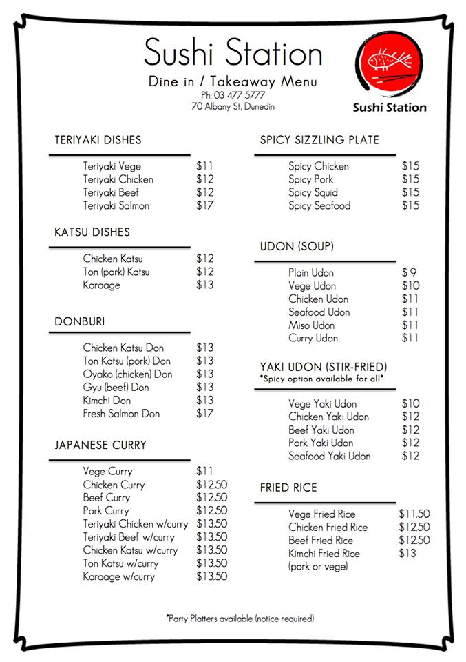 Menu at Sushi Station restaurant, Dunedin