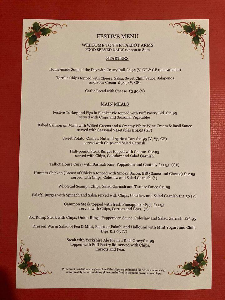 Menu at Talbot Arms pub & bar, Settle