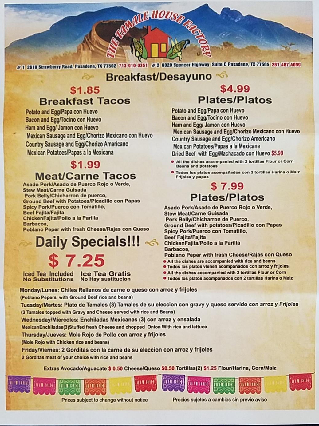 Menu at Tamale House Factory restaurant, Pasadena, Spencer Hwy # C