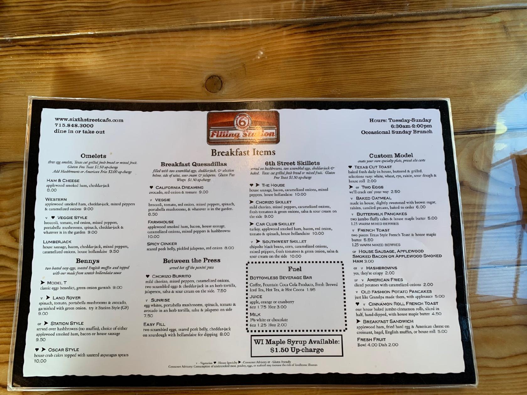 Menu at 6th Street Filling Station restaurant, Wausau