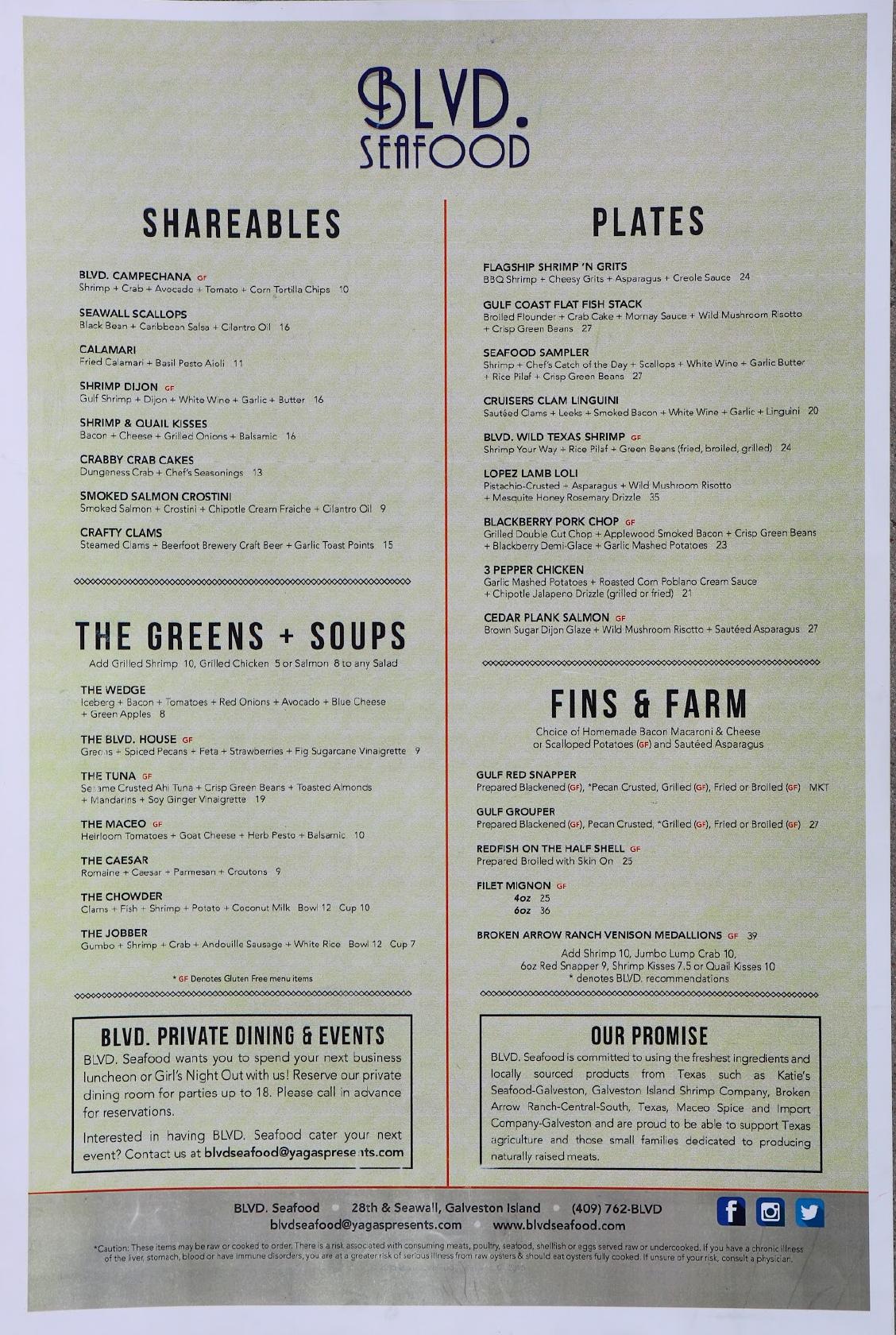 Menu at BLVD Seafood steakhouse, Galveston