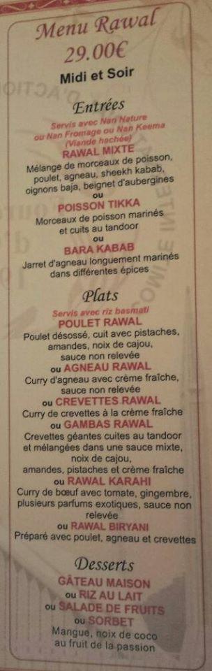 Menu au Le Rawal restaurant, Pierrefitte-sur-Seine