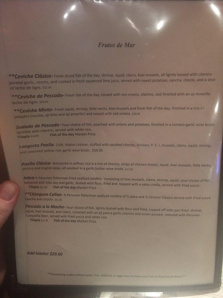 Menu at Los Andes restaurant, Providence