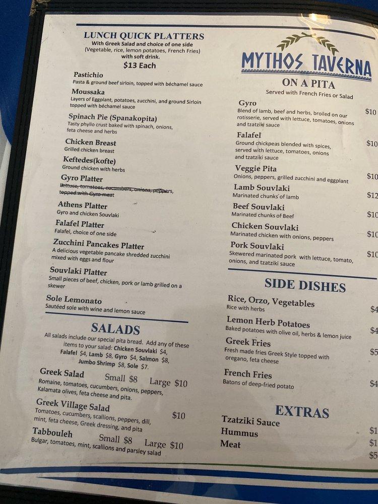 Menu at Mythos Taverna restaurant, Boca Raton