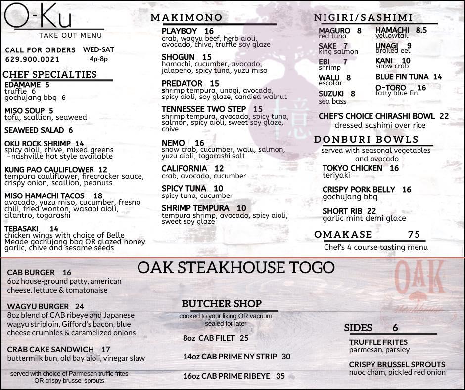 Menu at O-Ku restaurant, Nashville