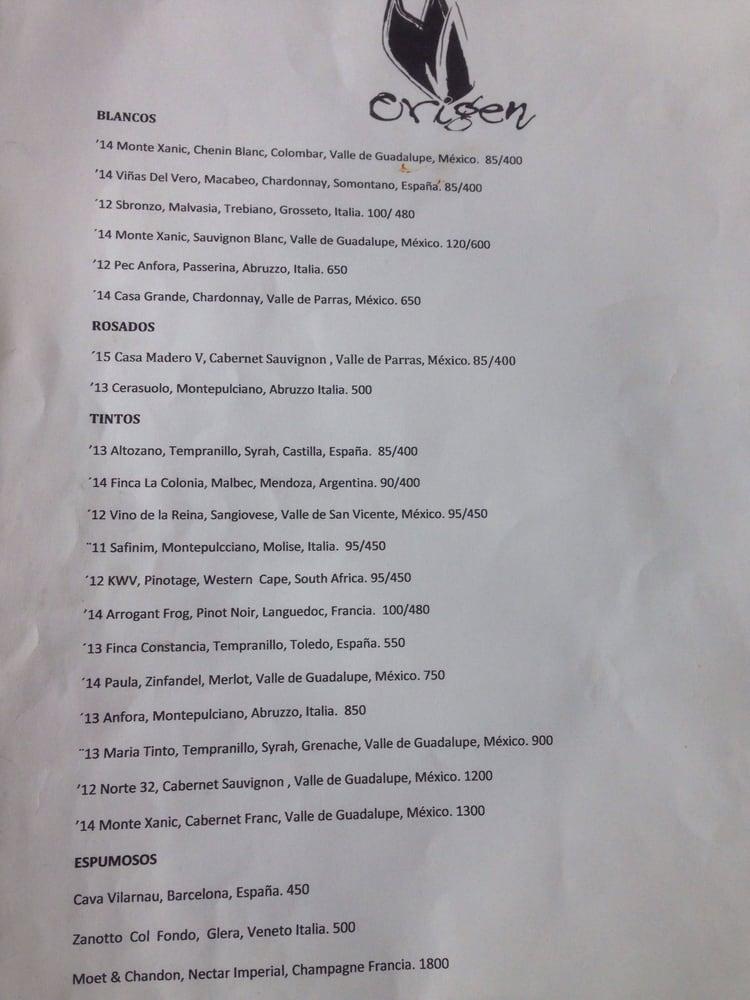 Menu at Origen restaurant, Oaxaca