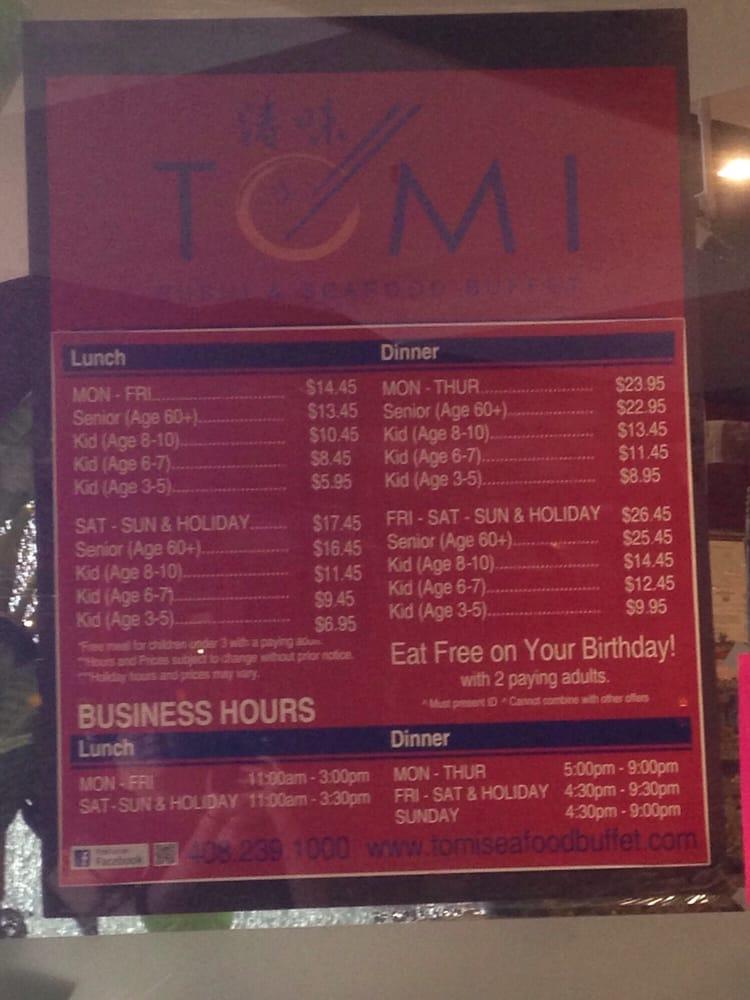Menu at Tomi Sushi & Seafood Buffet restaurant, San Jose, Eastridge ...