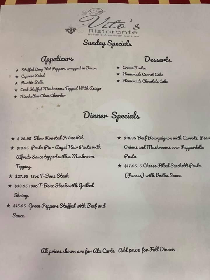 Menu at Vito's Ristorante restaurant, East Syracuse