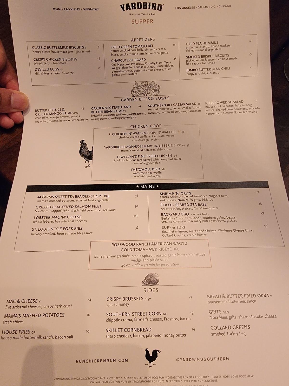 Menu at Yardbird Table & Bar, Dallas