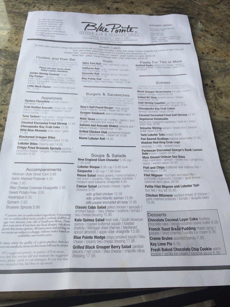 Menu at Blue Pointe Oyster Bar & Seafood Grill, Fort Myers