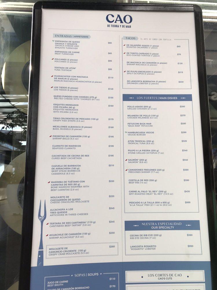 Menu at CAO | Modern Mexican Kitchen in Cancún restaurant, Cancún