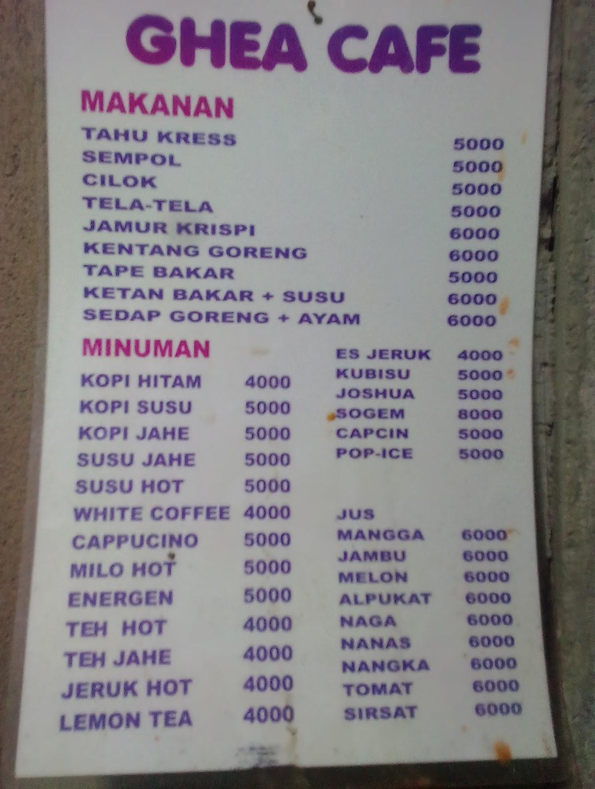 Menu at Cafe GHEA, Pasirian