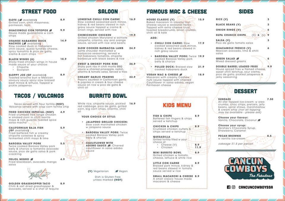 Menu at Cancun Cowboys restaurant, Gilles Plains