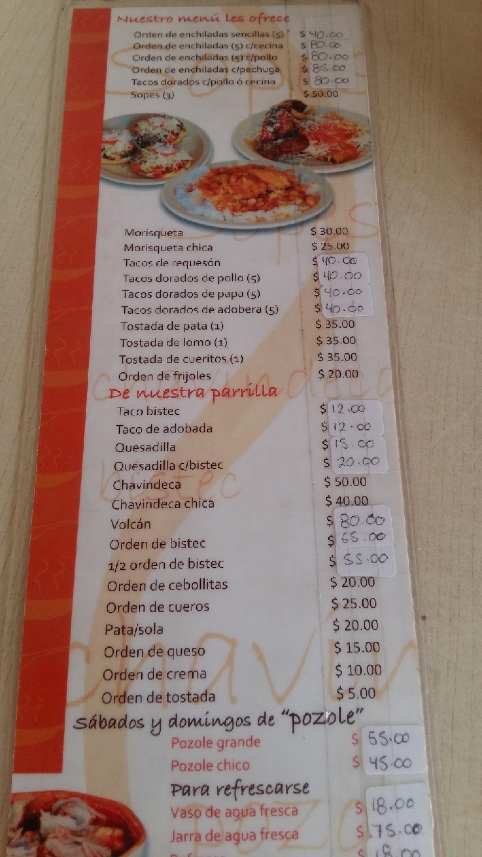 Menu at Cenaduría "Chole" restaurant, Morelia, C. Lacas de Uruapan 913