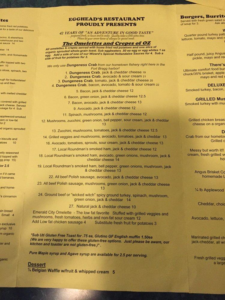 Menu at Egghead's Restaurant, Fort Bragg