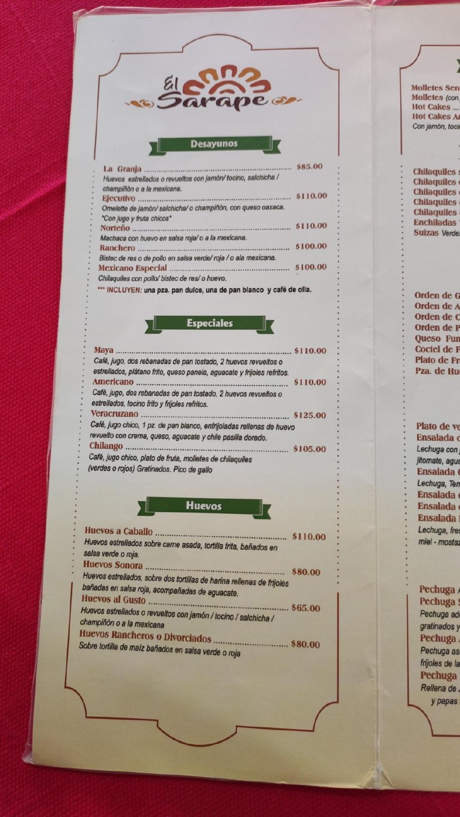 Menu at El sarape restaurant, Ciudad López Mateos