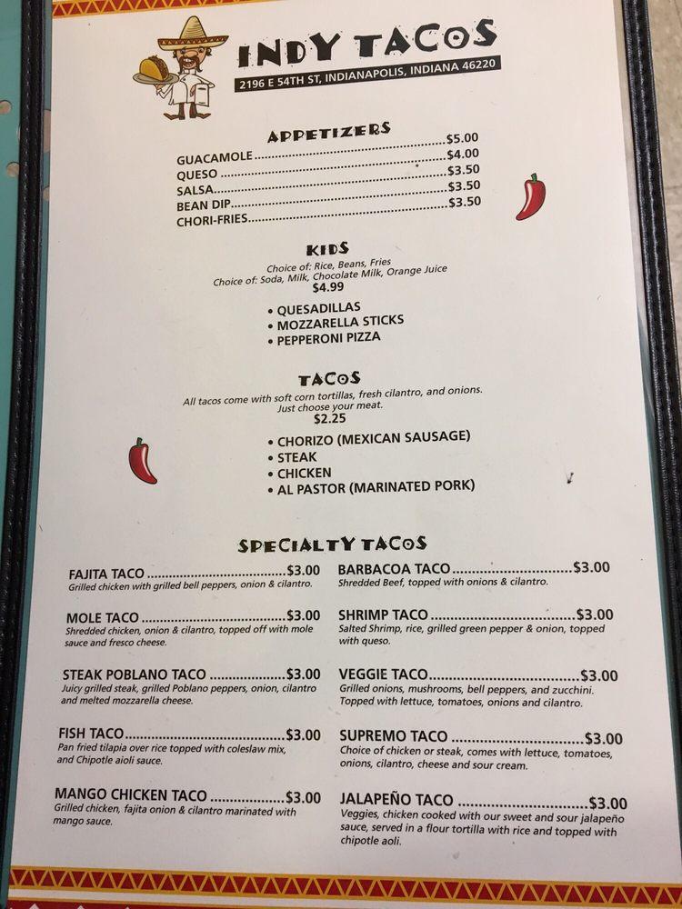 Menu at Indy Tacos restaurant, Indianapolis