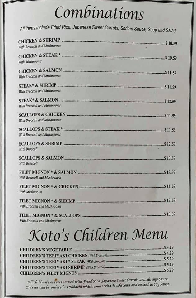 Menu at Koto's restaurant, Wilkesboro