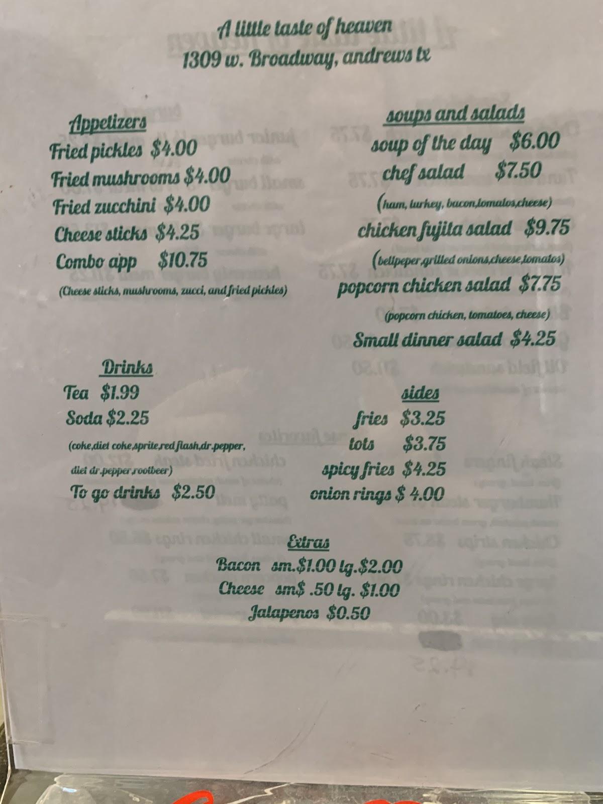 Menu at Little taste of heaven restaurant, Andrews, W Broadway St
