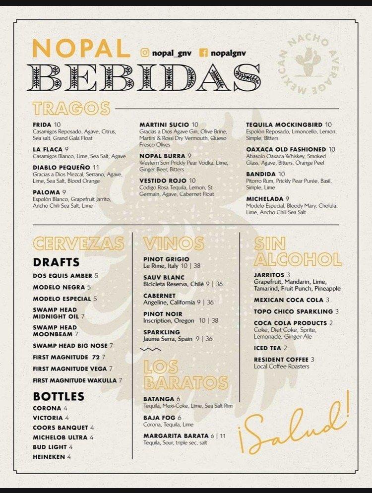 Menu at Nopal by Cintrón restaurant, Gainesville