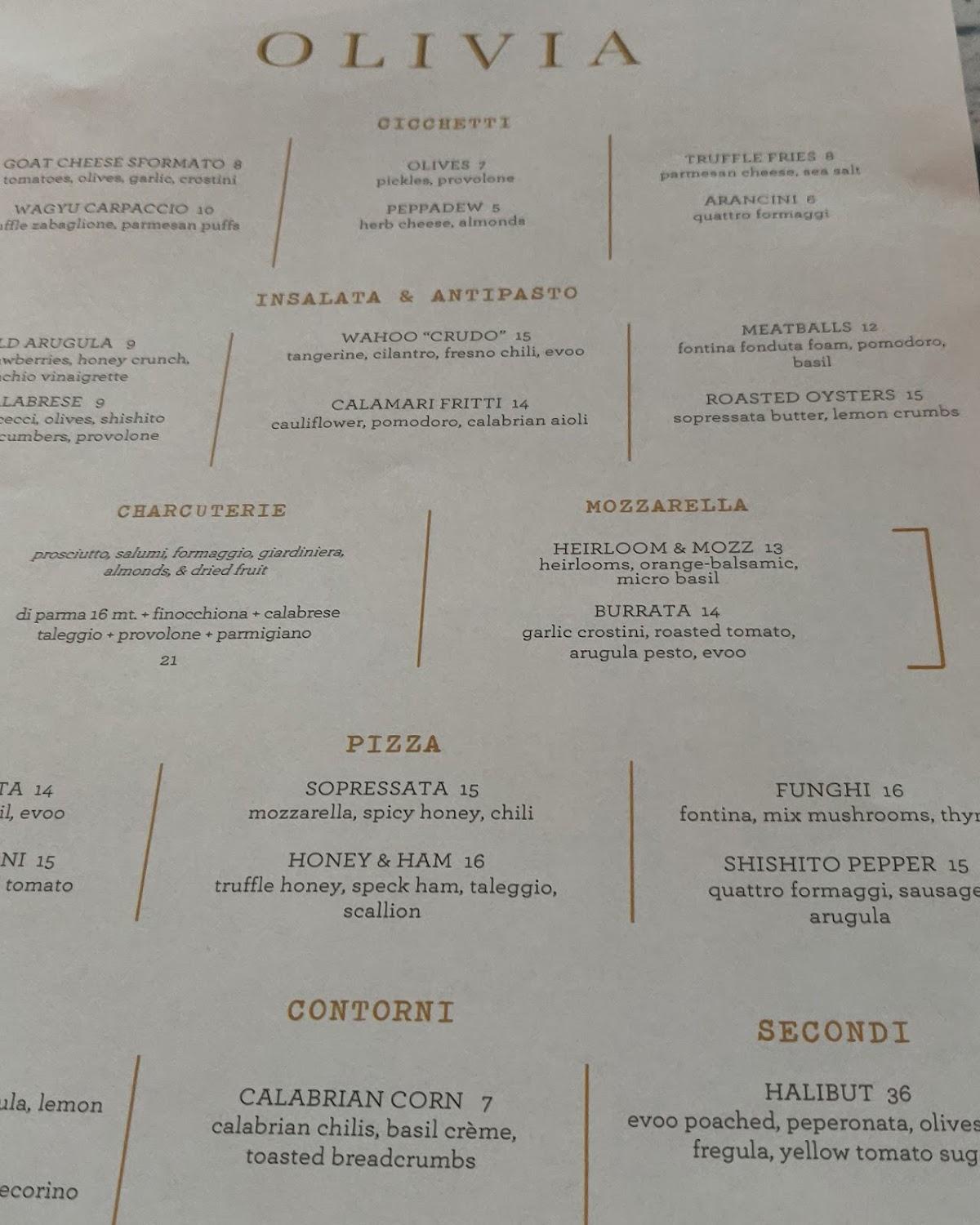Menu at OLIVIA pub & bar, Tampa