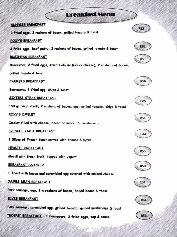Menu at Roxy's Diner pub & bar, Bronkhorstspruit