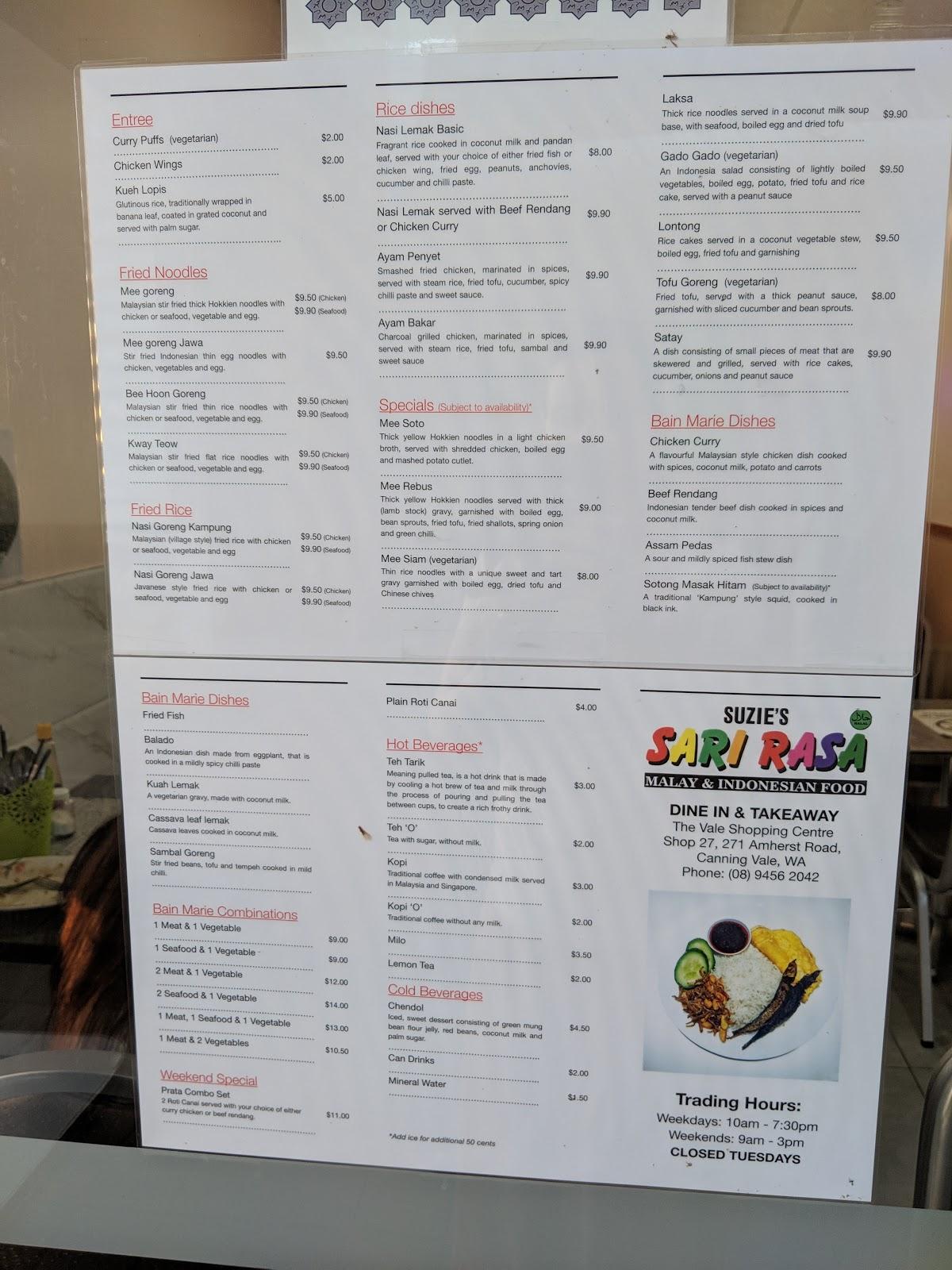Menu at Sari Rasa restaurant, Canning Vale