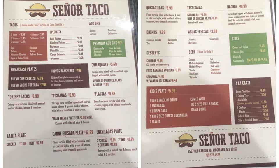 Menu at Señor Taco restaurant, Ridgeland