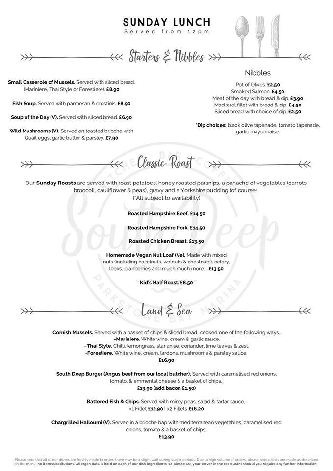 Menu at South Deep restaurant, Poole, Turks Ln
