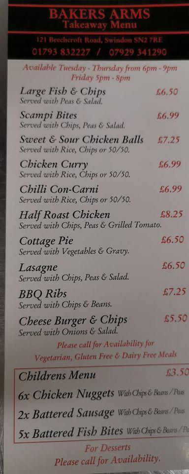 Menu at The Bakers Arms pub & bar, Swindon, Bakers Arms