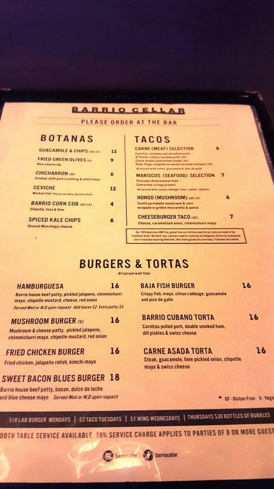 Menu at Barrio Cellar, Sydney