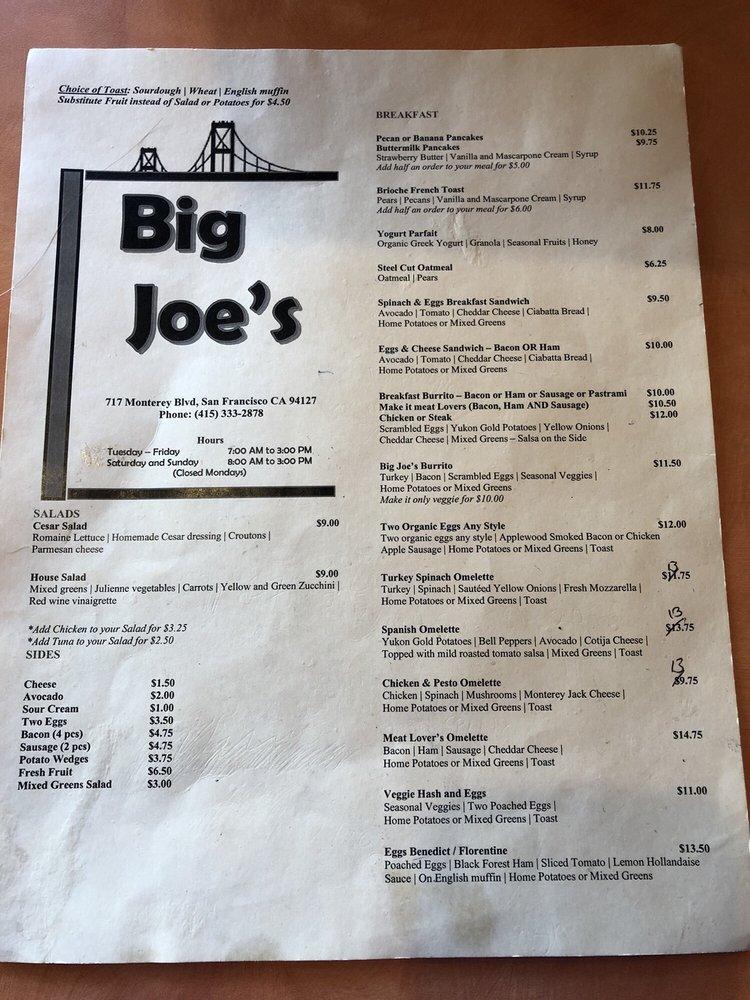 Menu at Big Joe's restaurant, San Francisco