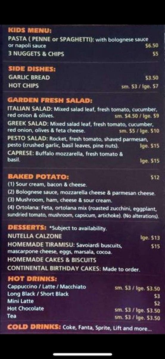 Menu at O'Sole Mio Pizza pizzeria, Doreen