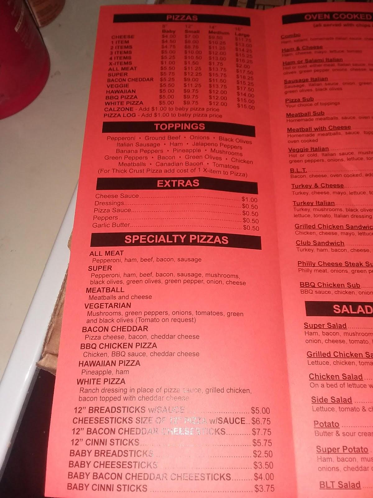 Menu at Snappy's Pizza pizzeria, Hohenwald