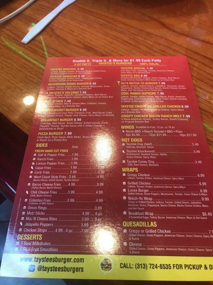 Menu at Taystee's Burgers fast food, Dearborn