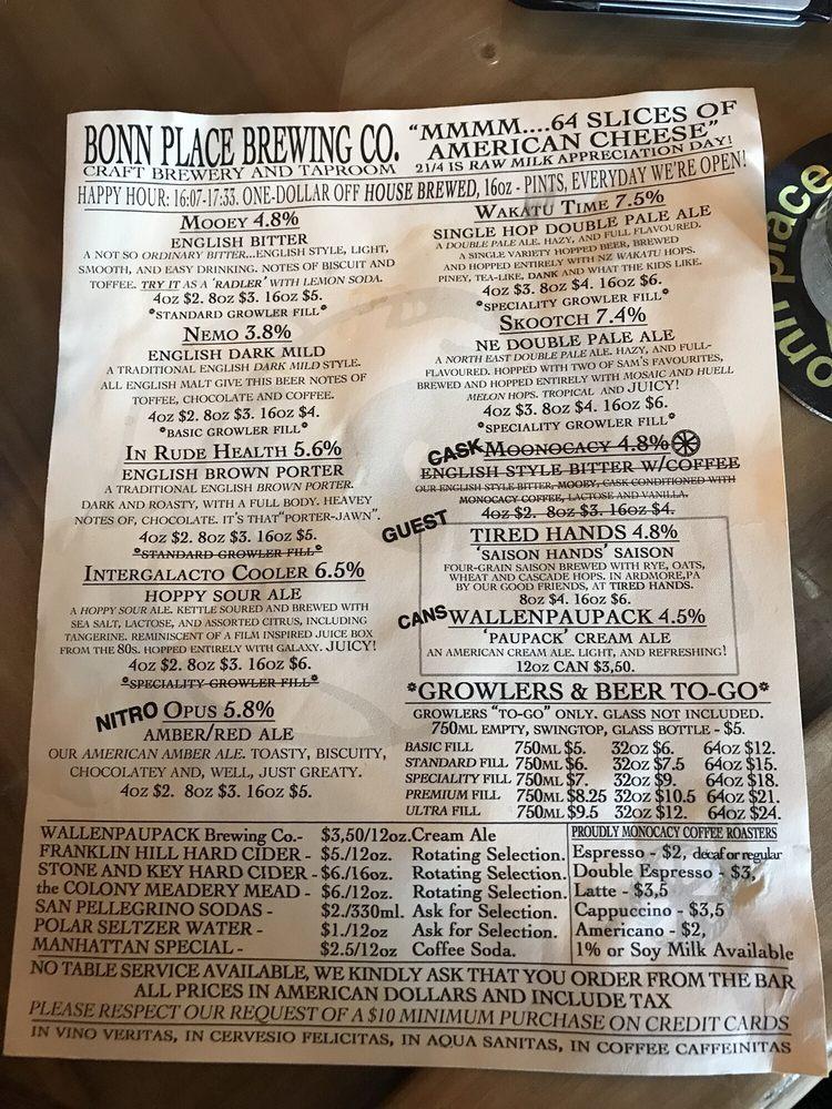 Menu at Bonn Place Brewing Company pub & bar, Bethlehem
