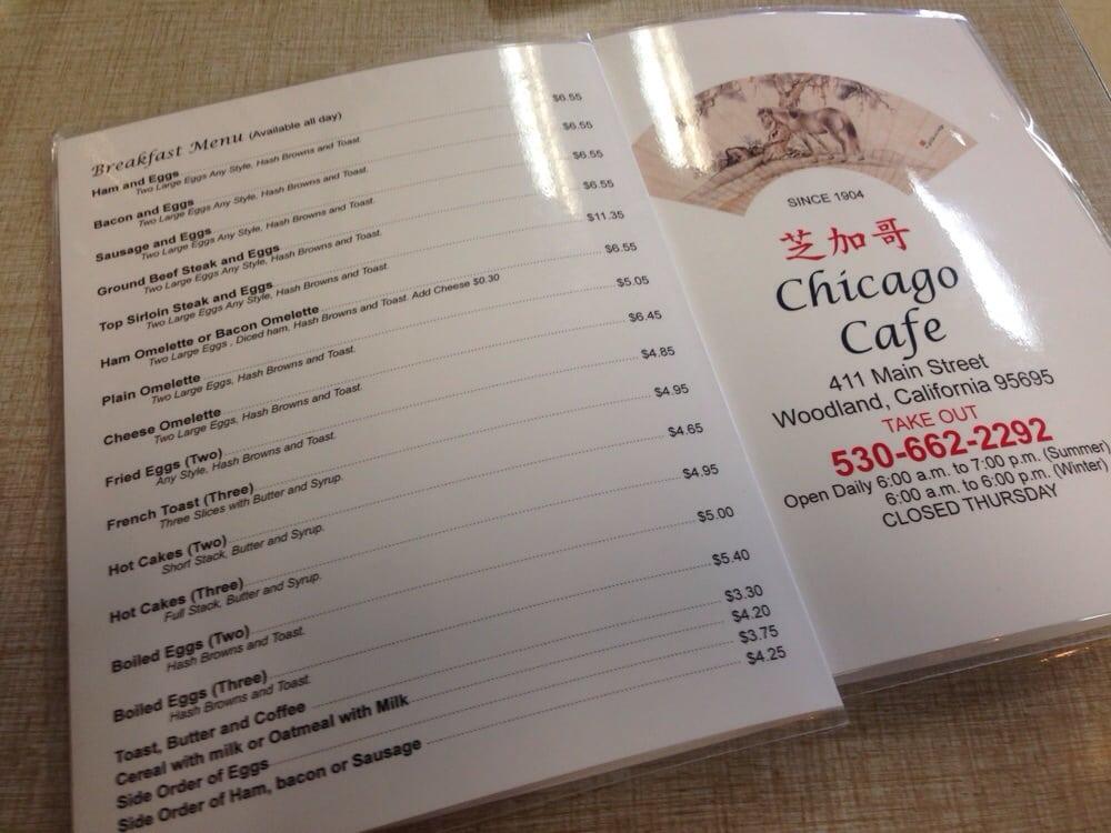 Menu at Chicago Café restaurant, Woodland