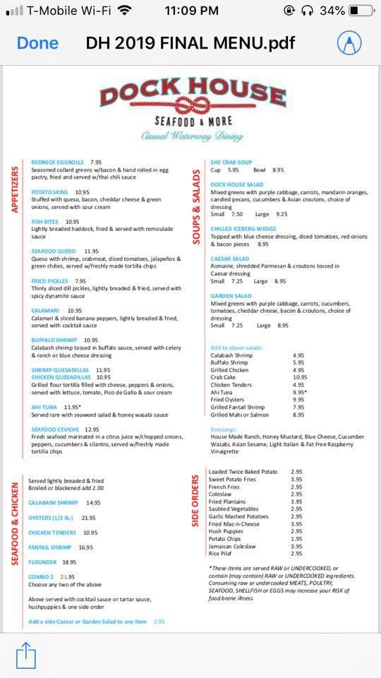 Menu at Dock House Seafood & More restaurant, Holden Beach