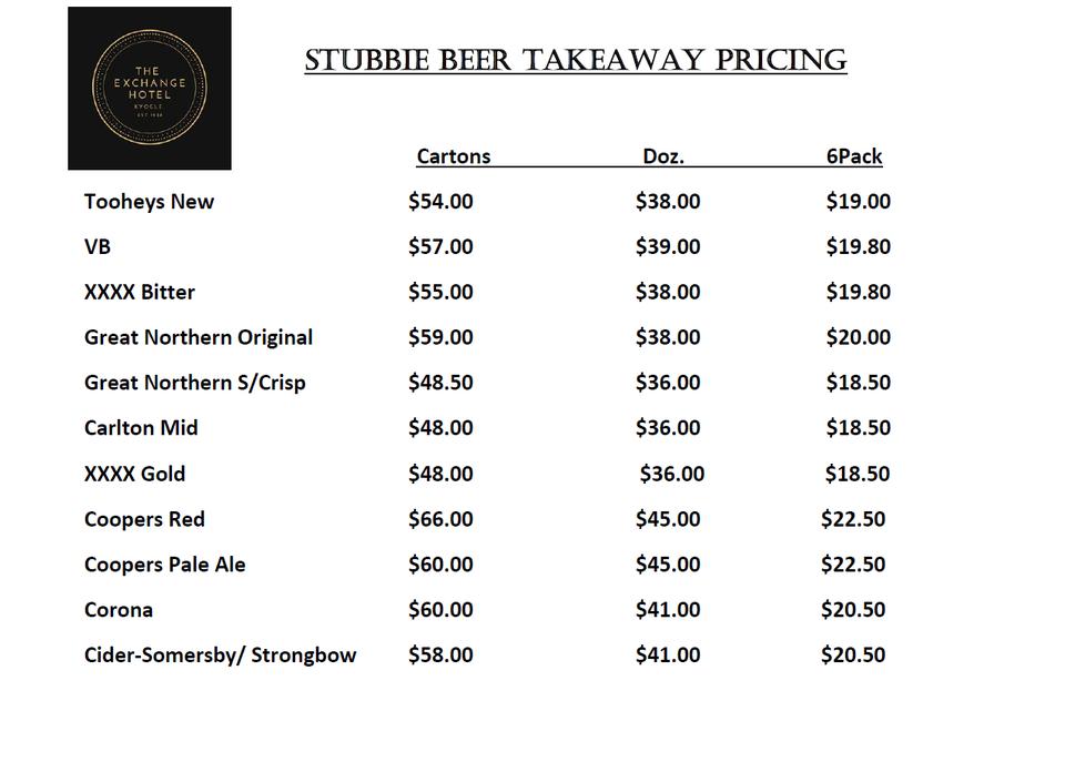 Carta del pub y bar The Exchange Hotel, Kyogle