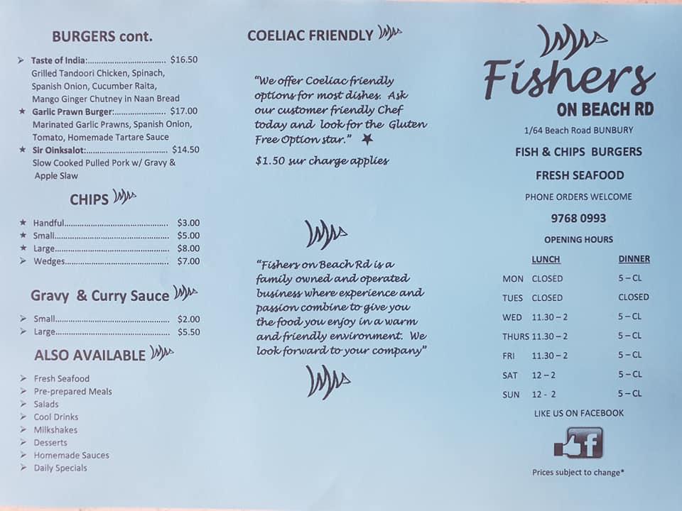 Menu at Fishers On Beach Rd restaurant, Bunbury